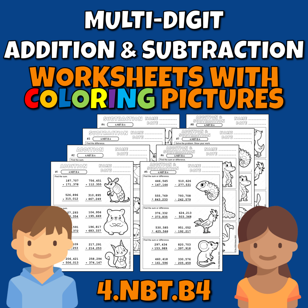 Multi-Digit Addition & Subtraction Worksheets 4.NBT.4 with Coloring ...