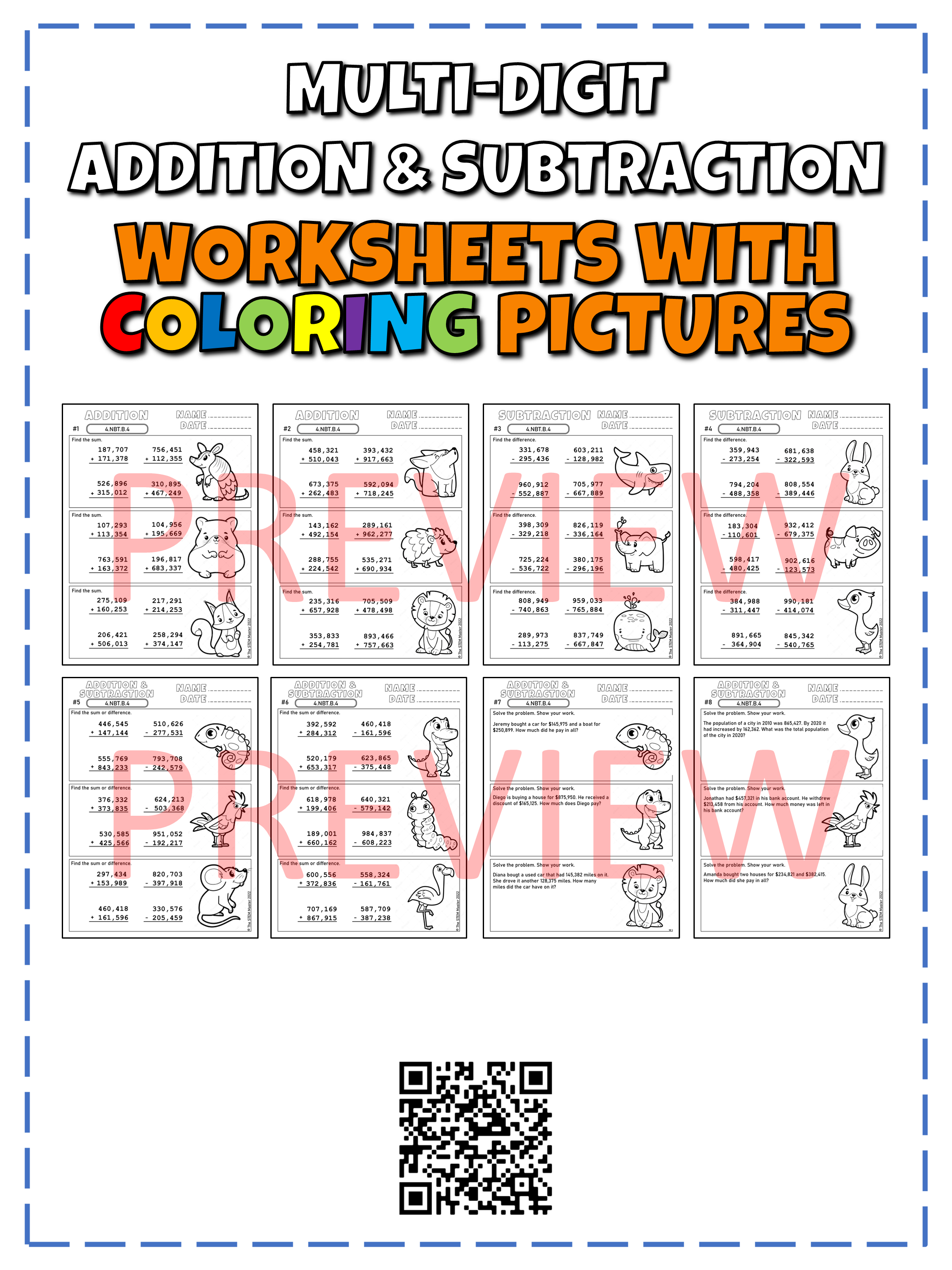 Multi-Digit Addition & Subtraction Worksheets 4.NBT.4 with Coloring ...