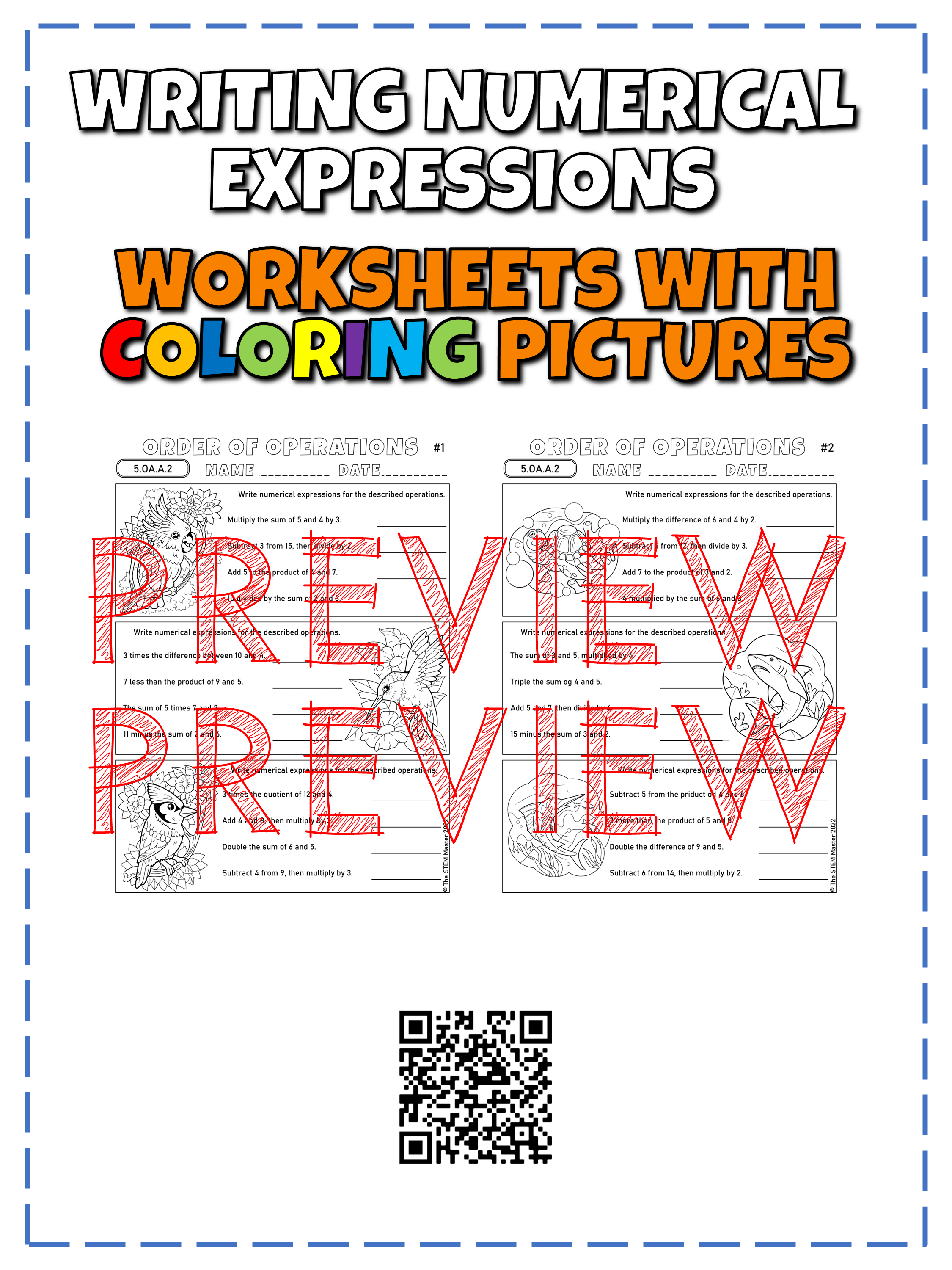 Grade 5 Math Writing Numerical Expressions 5.OA.2 Coloring Worksheets ...
