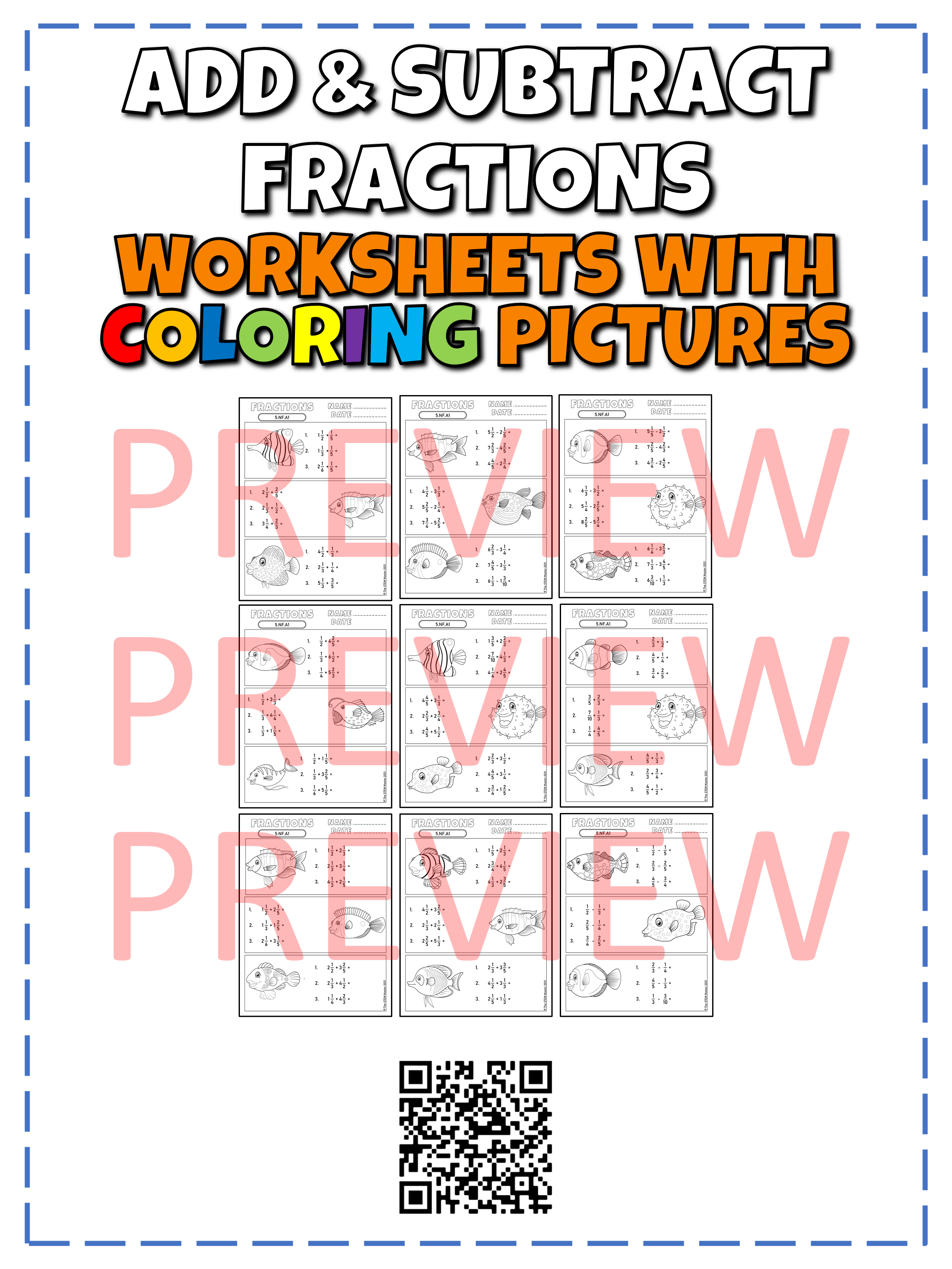 Add and Subtract Fractions 5.NF.1 worksheets with Coloring Pictures ...