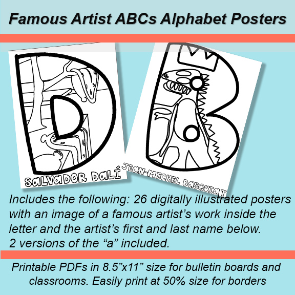 Artist Alphabet Posters ABCs Coloring Pages Art Class Printable Low Ink ...