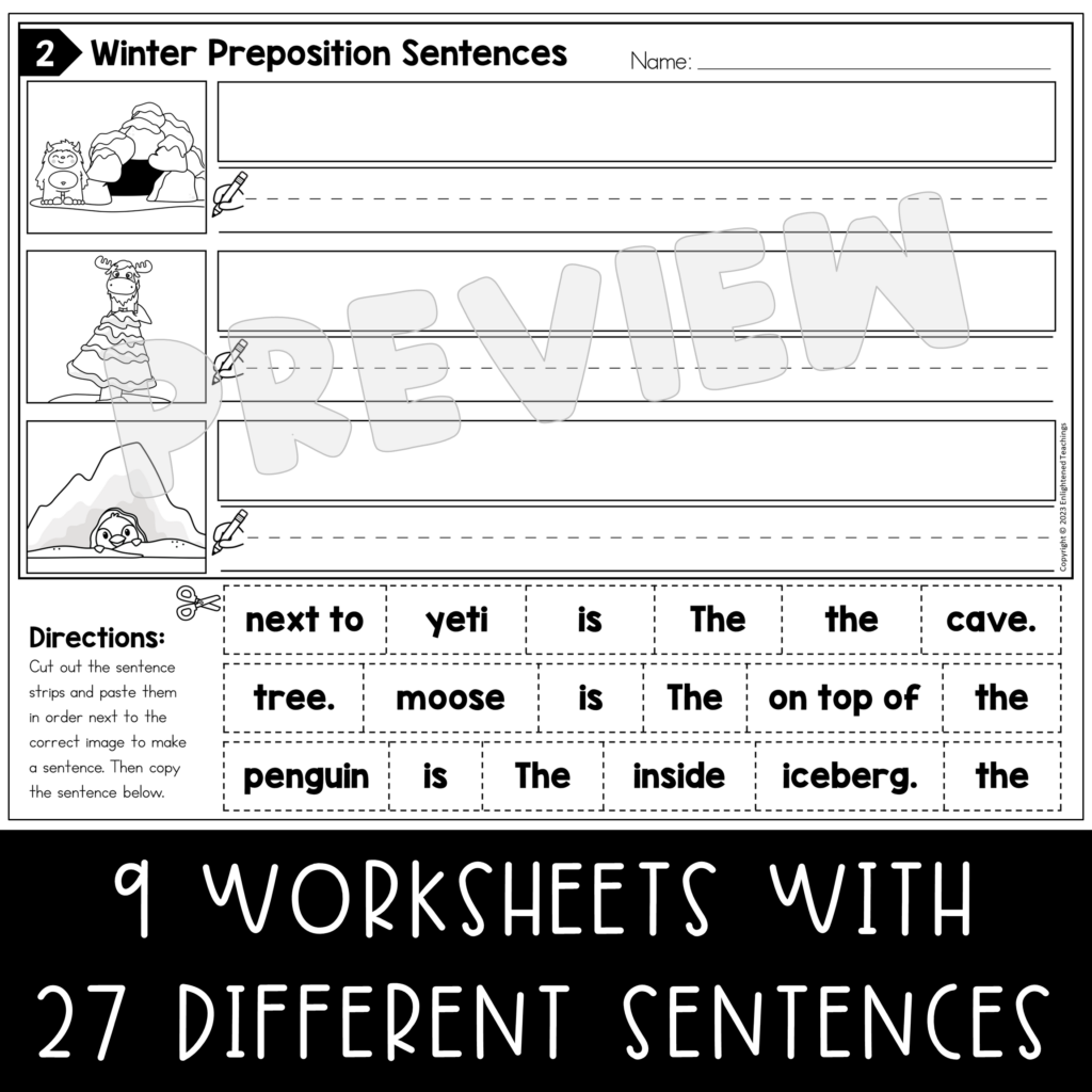 Winter Prepositions Sentence Building Worksheet Winter Prepositions ...
