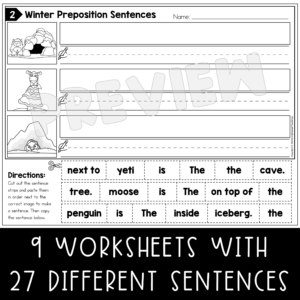 Winter Prepositions Sentence Building Worksheet Winter Prepositions ...