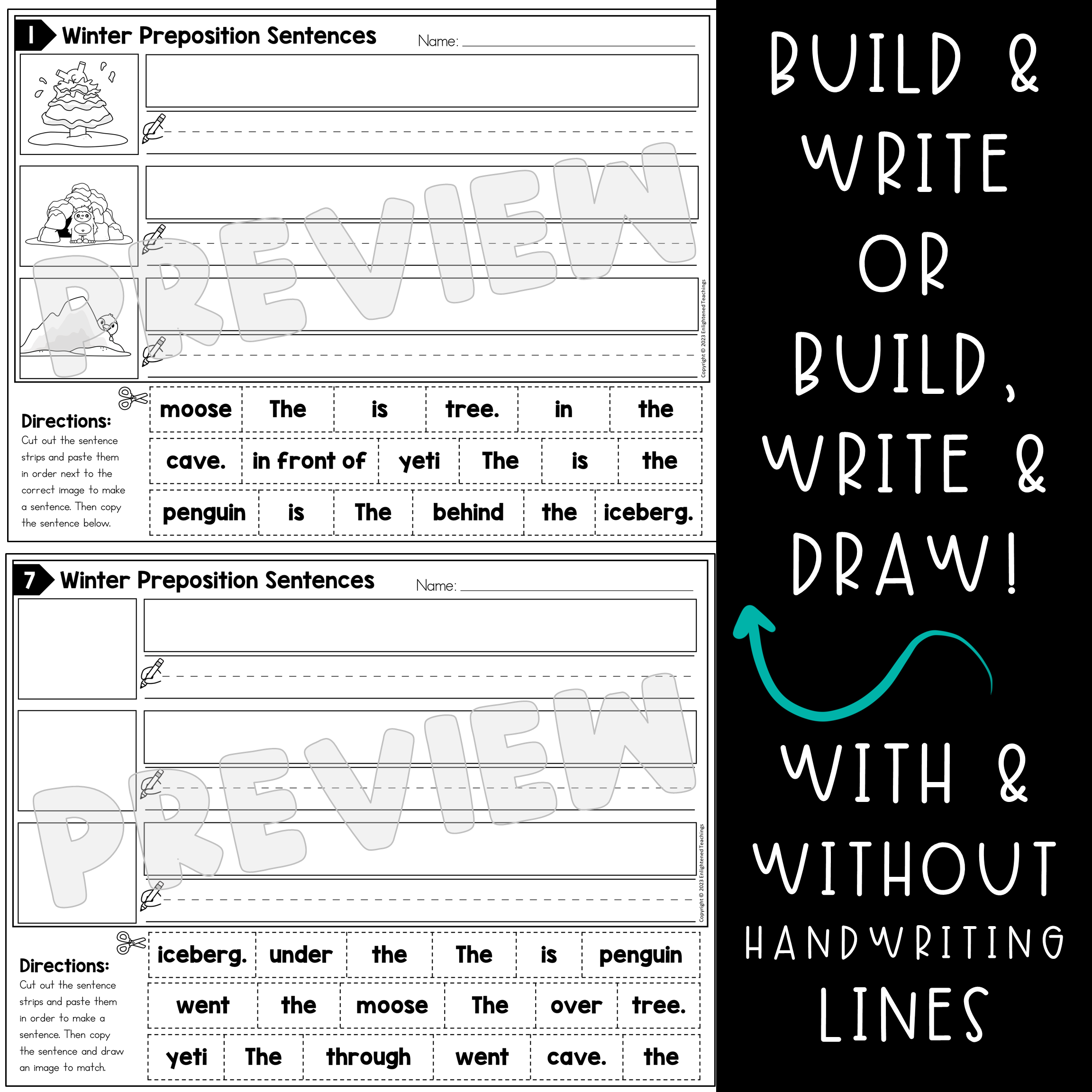 Winter Prepositions Sentence Building Worksheet Winter Prepositions ...