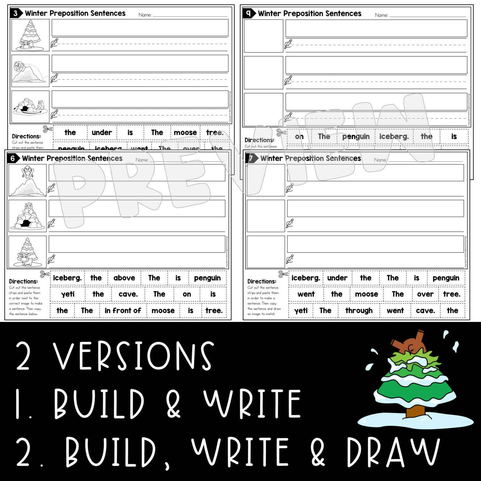 Winter Prepositions Sentence Building Worksheet Winter Prepositions ...