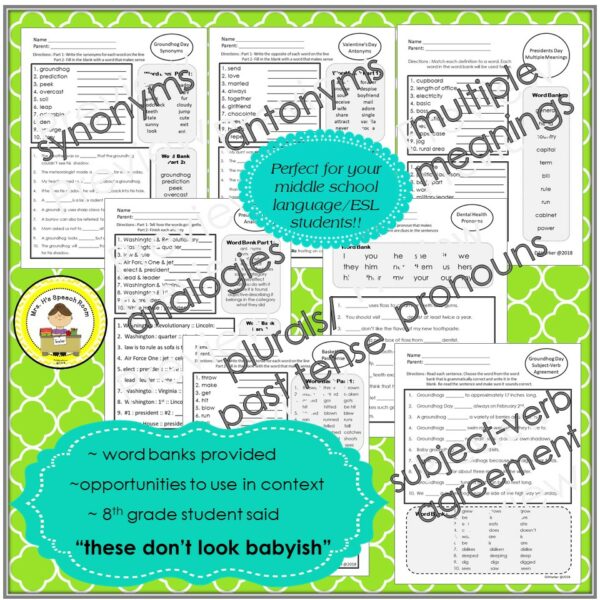 February Language and Vocabulary Printables for Middle School Speech ...