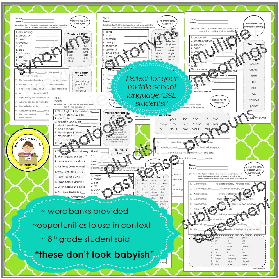 February Language and Vocabulary Printables for Middle School Speech ...