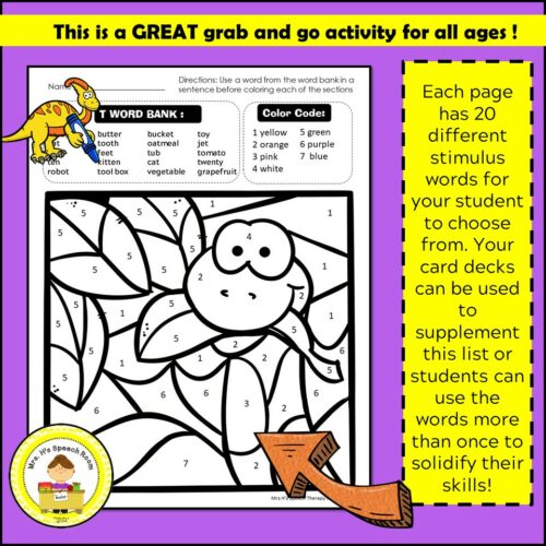 Dinosaur Speech Therapy Color By Number Grab and Go Activity | Made By ...