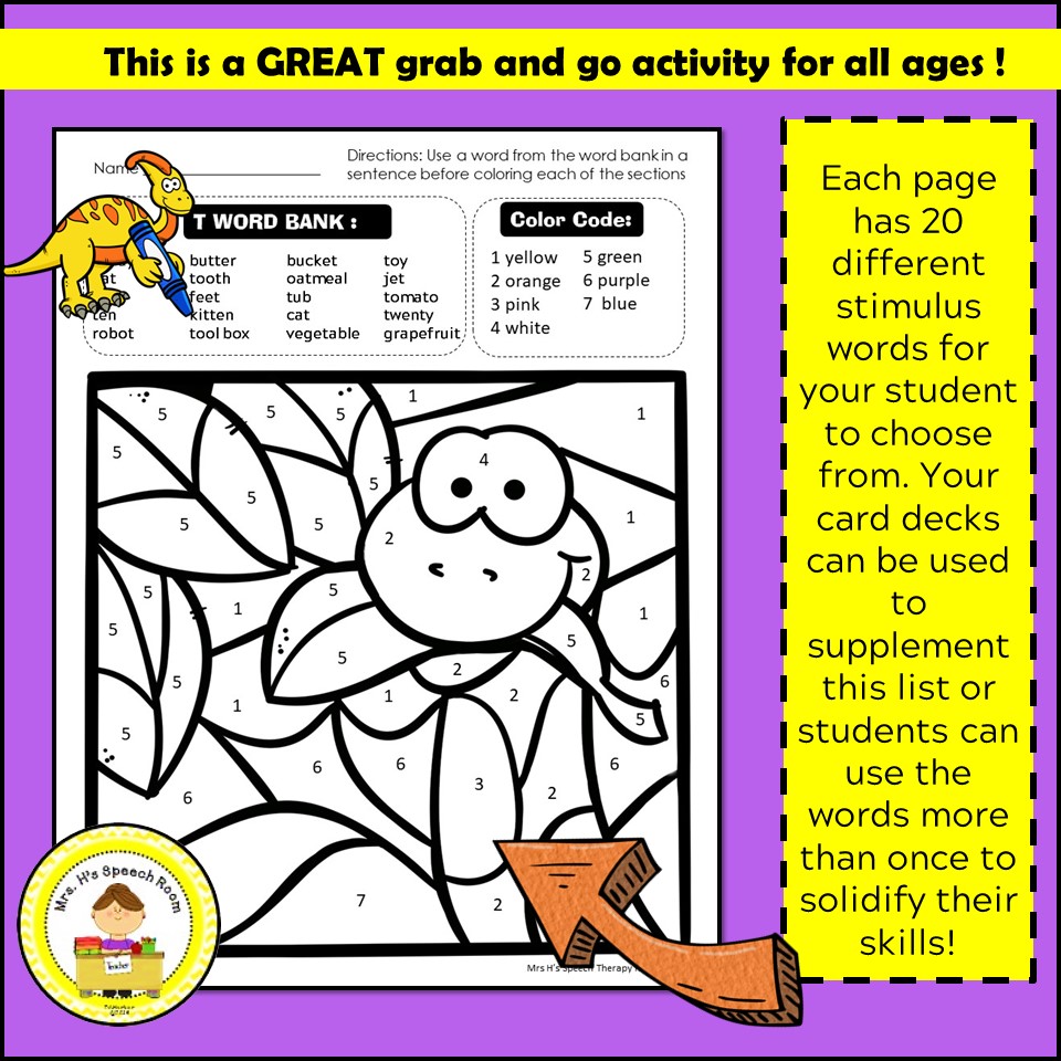 Dinosaur Speech Therapy Color By Number Grab and Go Activity | Made By ...