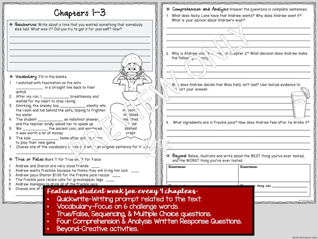 Freckle Juice Novel Study Unit | Comprehension with Activities and ...