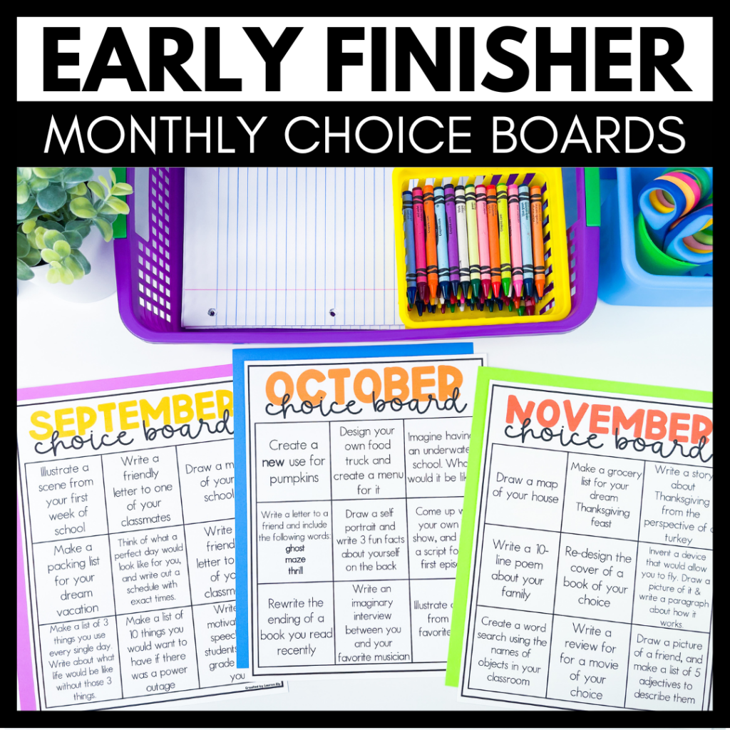 Early Finishers Activities - Monthly Choice Boards for the Entire Year ...