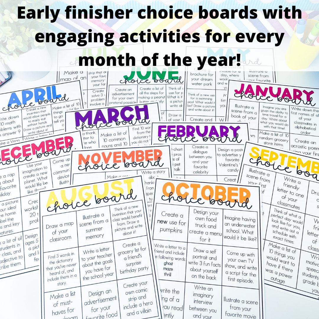 Early Finishers Activities - Monthly Choice Boards for the Entire Year ...