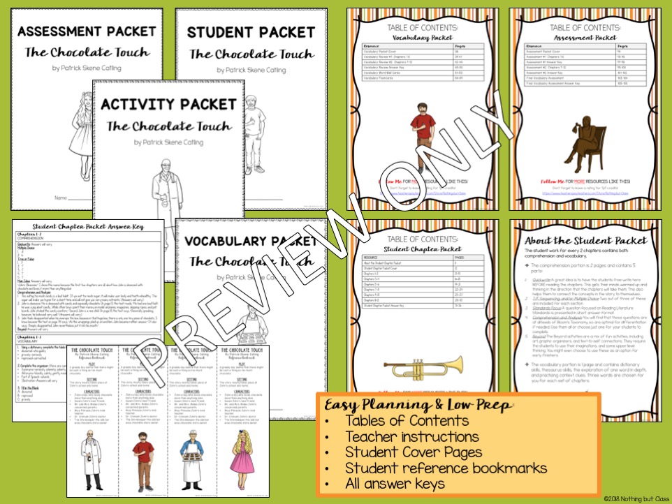 The Chocolate Touch Novel Study Unit | Comprehension with Activities ...