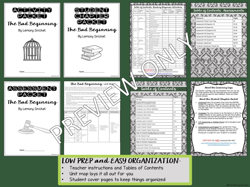 The Bad Beginning Novel Study Unit | Comprehension and Vocabulary with ...