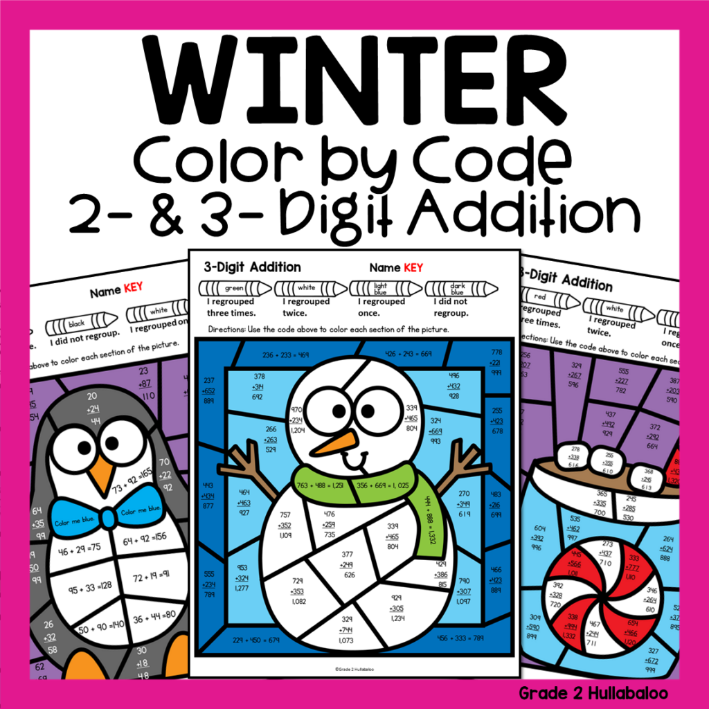 Winter Color by Code 2- and 3-Digit Addition With and Without ...