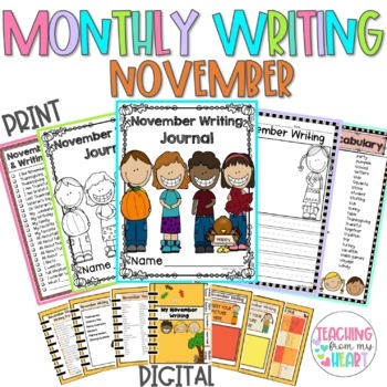 November Monthly Writing Journal Prompts, Thanksgiving Writing | Made ...
