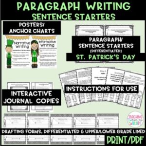 St. Patrick's Day Paragraph Writing Sentence Starters Frames and Craft ...