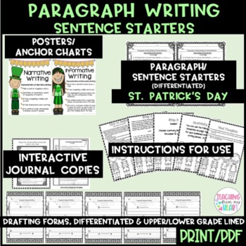 St. Patrick's Day Paragraph Writing Sentence Starters Frames and Craft ...