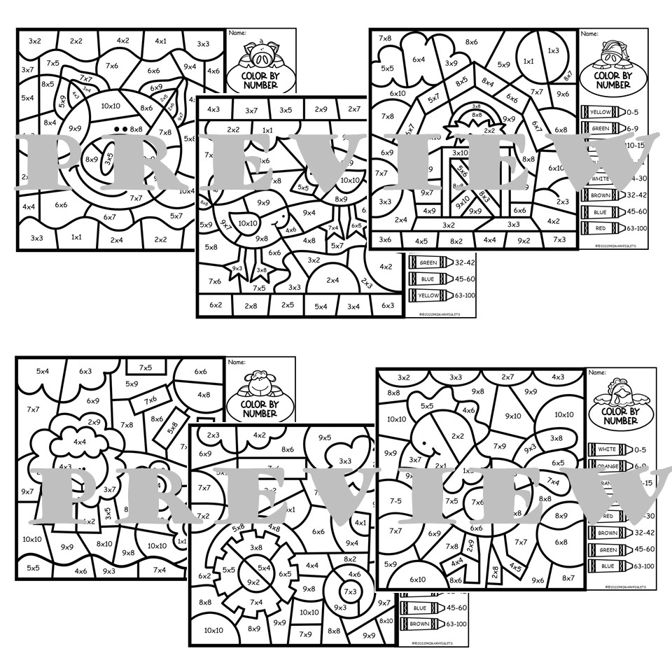 Farm Animals Math Worksheets Multiplication Color by Number Code Pages ...