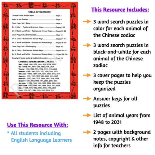Chinese New Year Word Search Puzzles about the Chinese Zodiac | Made By ...