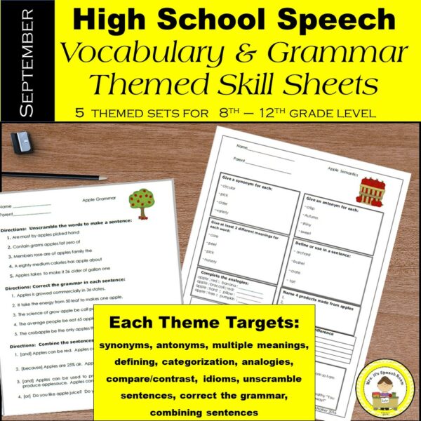 High School Speech Therapy Vocabulary and Grammar Skill Sheets ...