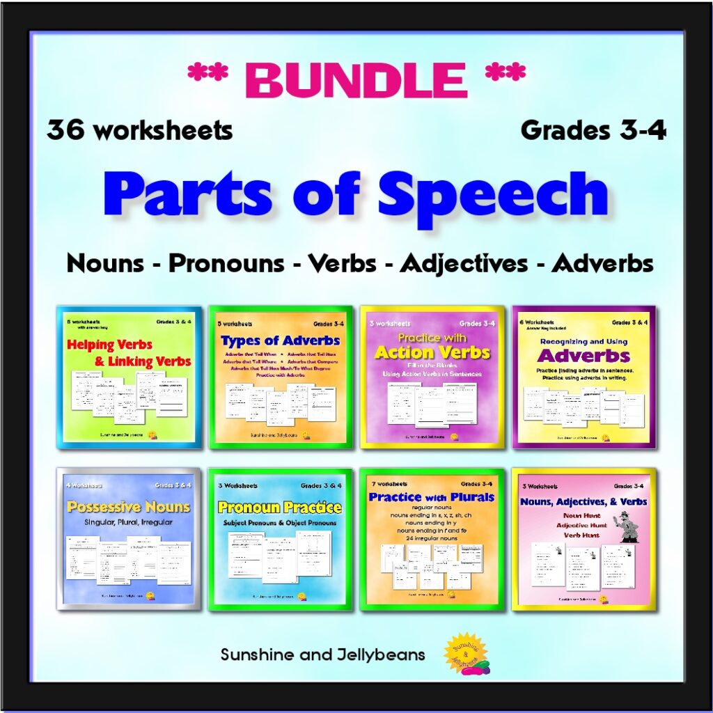 Parts of Speech BUNDLE - Nouns Pronouns Verbs Adjectives Adverbs ...