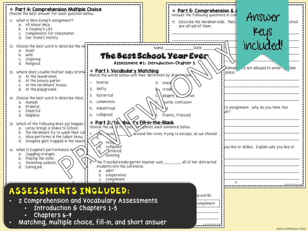 The Best School Year Ever Novel Study Unit | Comprehension and ...