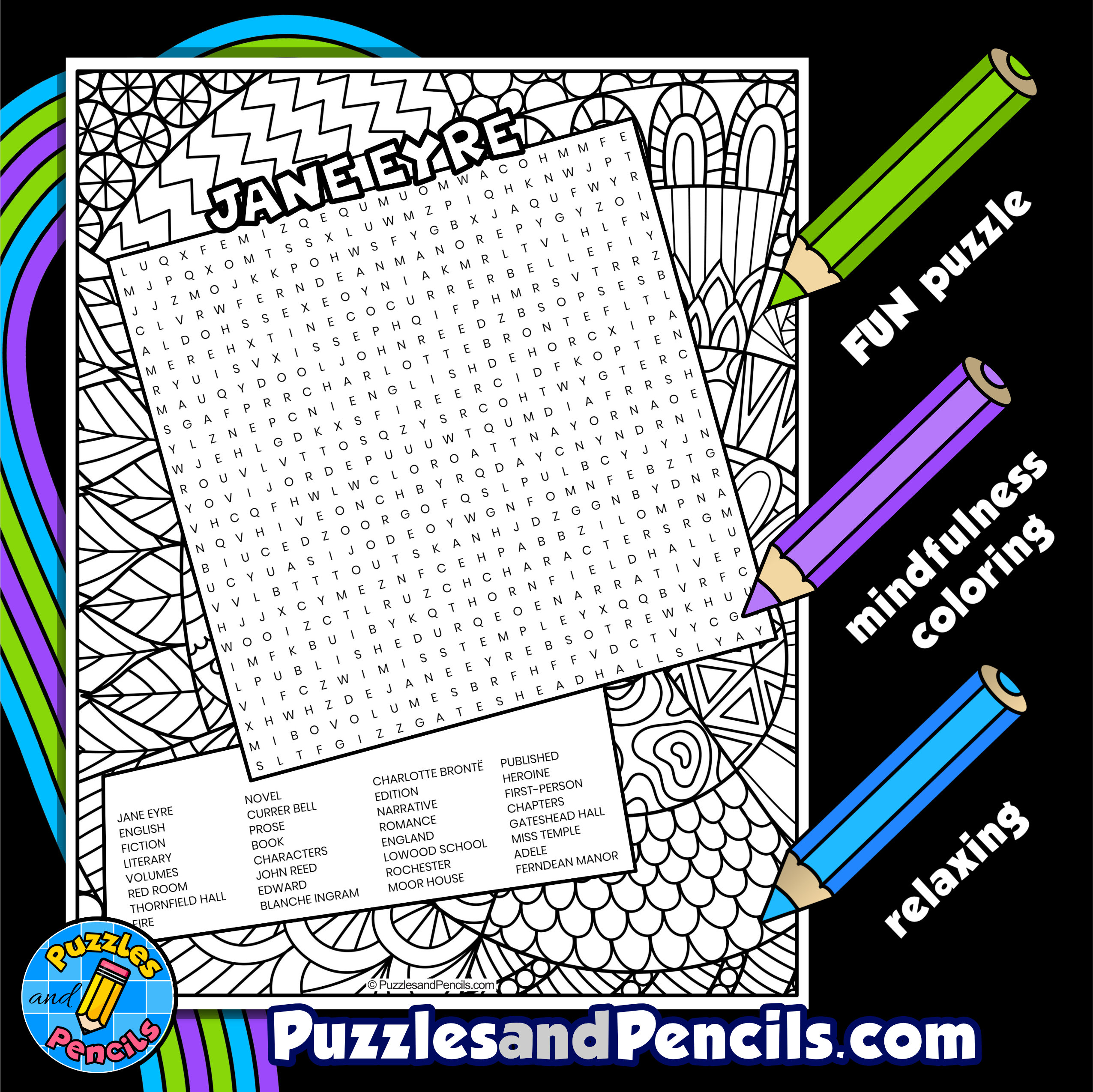 Jane Eyre Word Search Puzzle Activity Page with Coloring | Charlotte ...