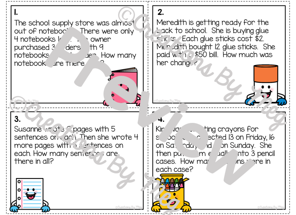 Back to School: Multi-Step Word Problem Task Cards for Third and Fourth ...