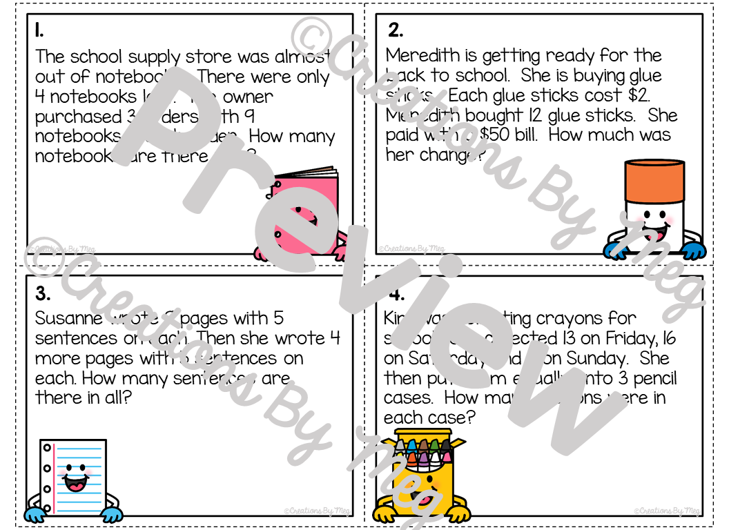 Back to School: Multi-Step Word Problem Task Cards for Third and Fourth ...