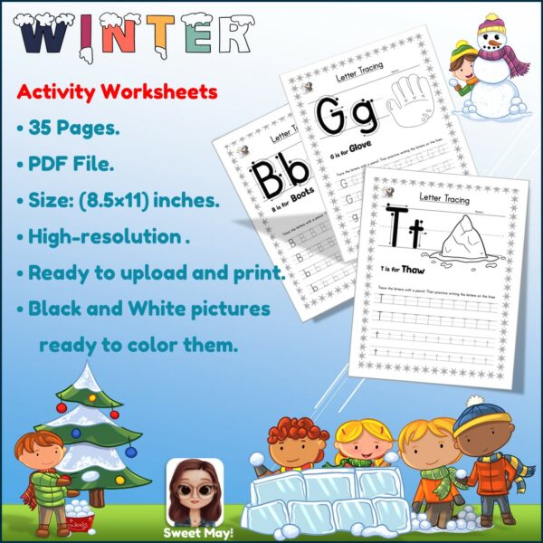 Preschool Kids, Winter Worksheets, Color and Trace Letters, Alphabetic ...
