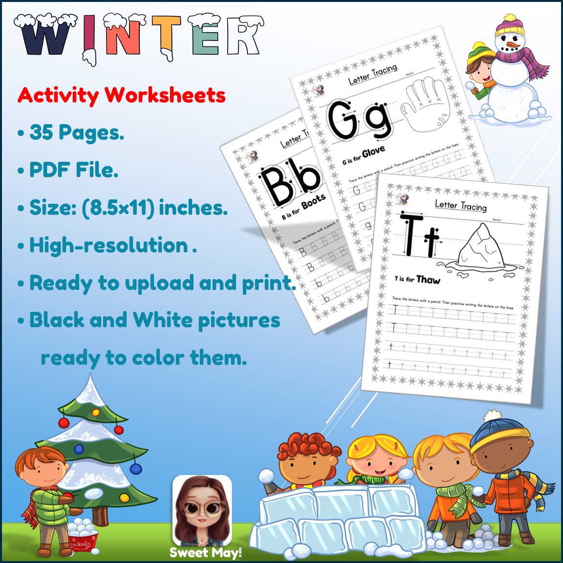 Preschool Kids, Winter Worksheets, Color and Trace Letters, Alphabetic ...