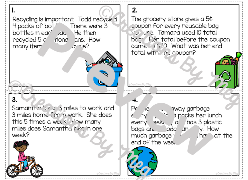 Earth Day: Multi-Step Word Problem Task Cards for Third and Fourth ...