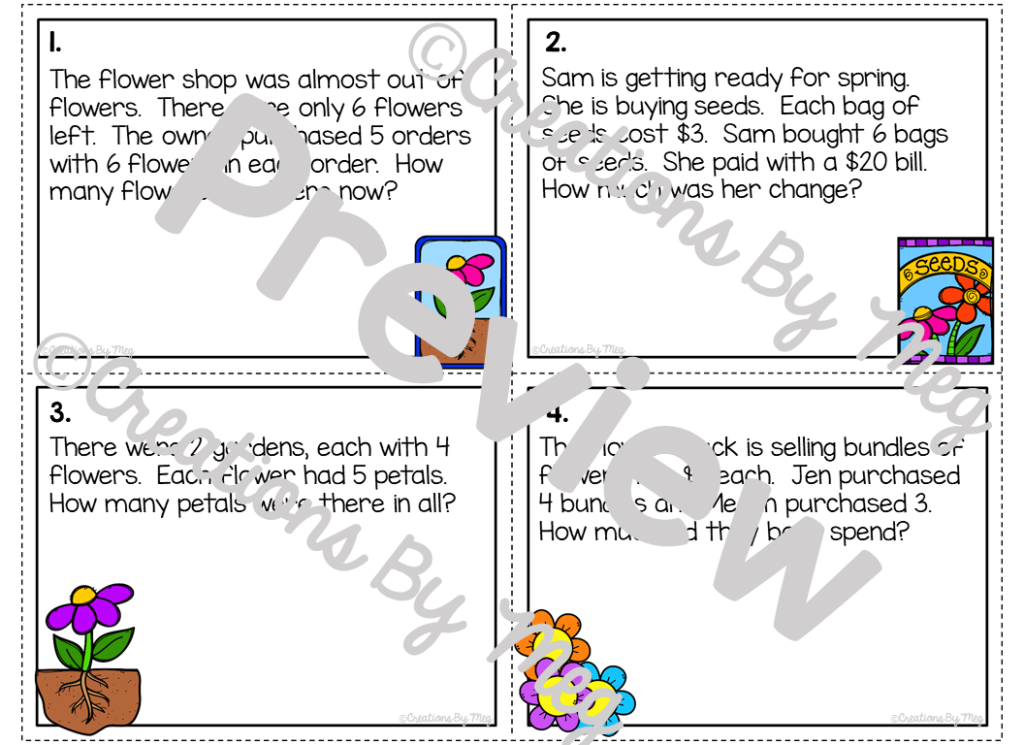 Spring: Multi-Step Word Problem Task Cards for Third and Fourth Grade ...