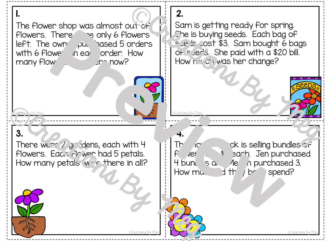 Spring: Multi-Step Word Problem Task Cards for Third and Fourth Grade ...