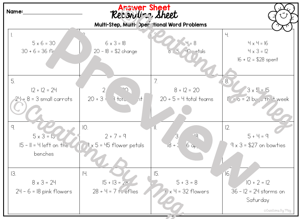 Spring: Multi-Step Word Problem Task Cards for Third and Fourth Grade ...