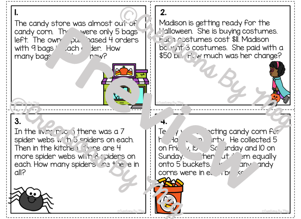 Halloween: Multi-Step Word Problem Task Cards for Third and Fourth ...