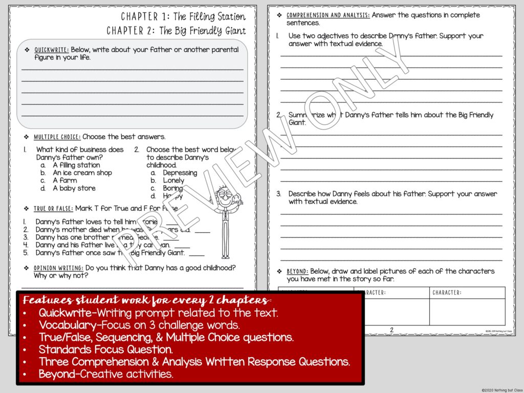 Danny the Champion of the World Novel Study | Comprehension and ...