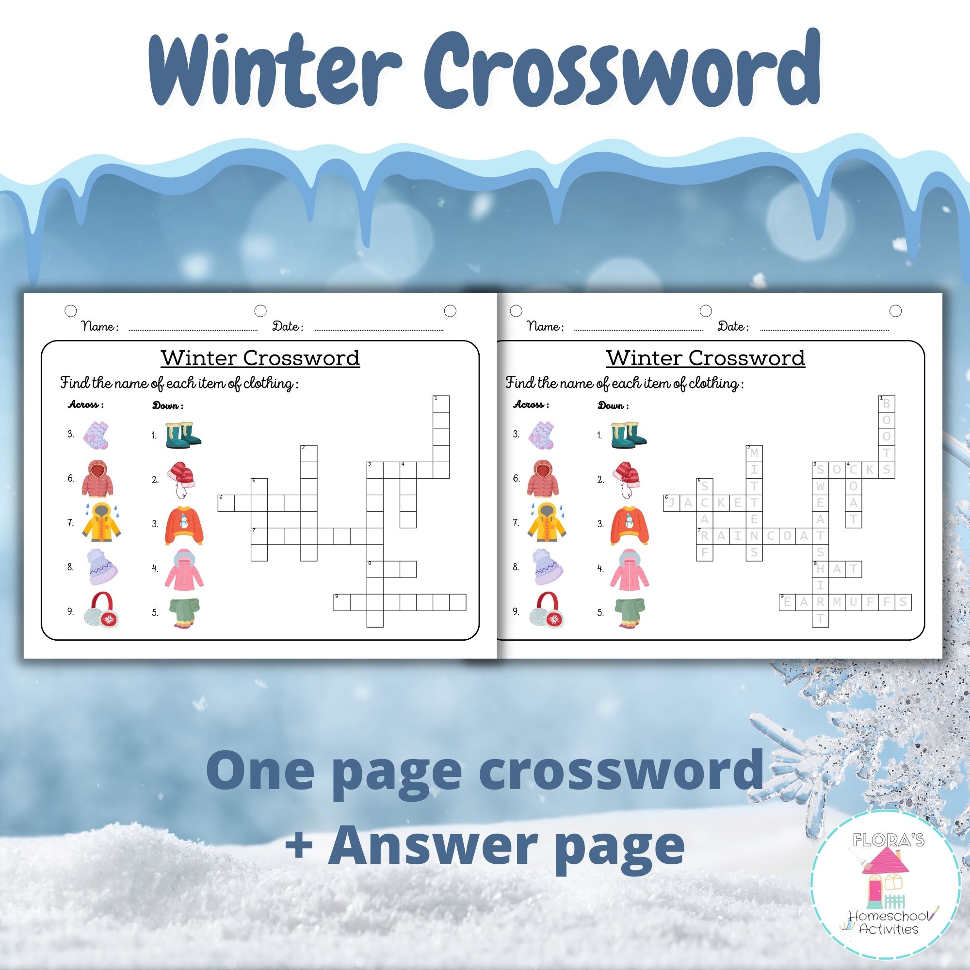 Winter Crossword Vocabulary | New year 2023 Activities for HS, K, 1st ...