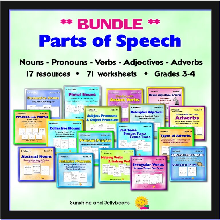 Parts of Speech BUNDLE - Nouns Pronouns Adjectives etc - Grades 3-4 ...
