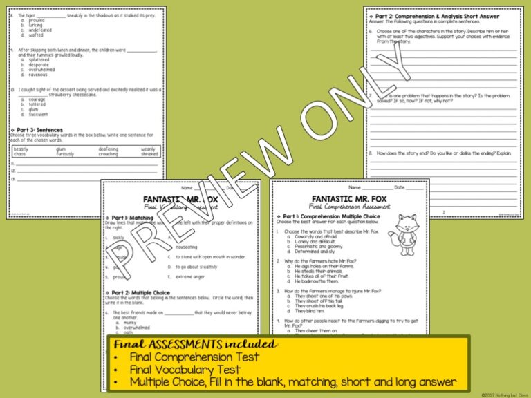 Fantastic Mr. Fox Novel Study Unit | Comprehension and Vocabulary with ...