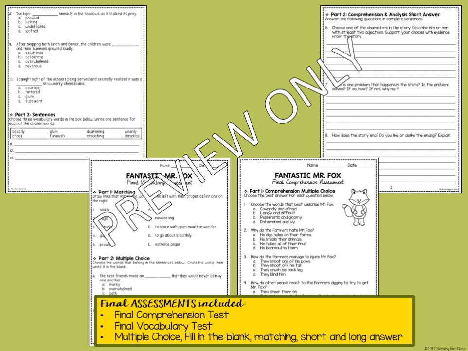 Fantastic Mr. Fox Novel Study Unit | Comprehension and Vocabulary with ...