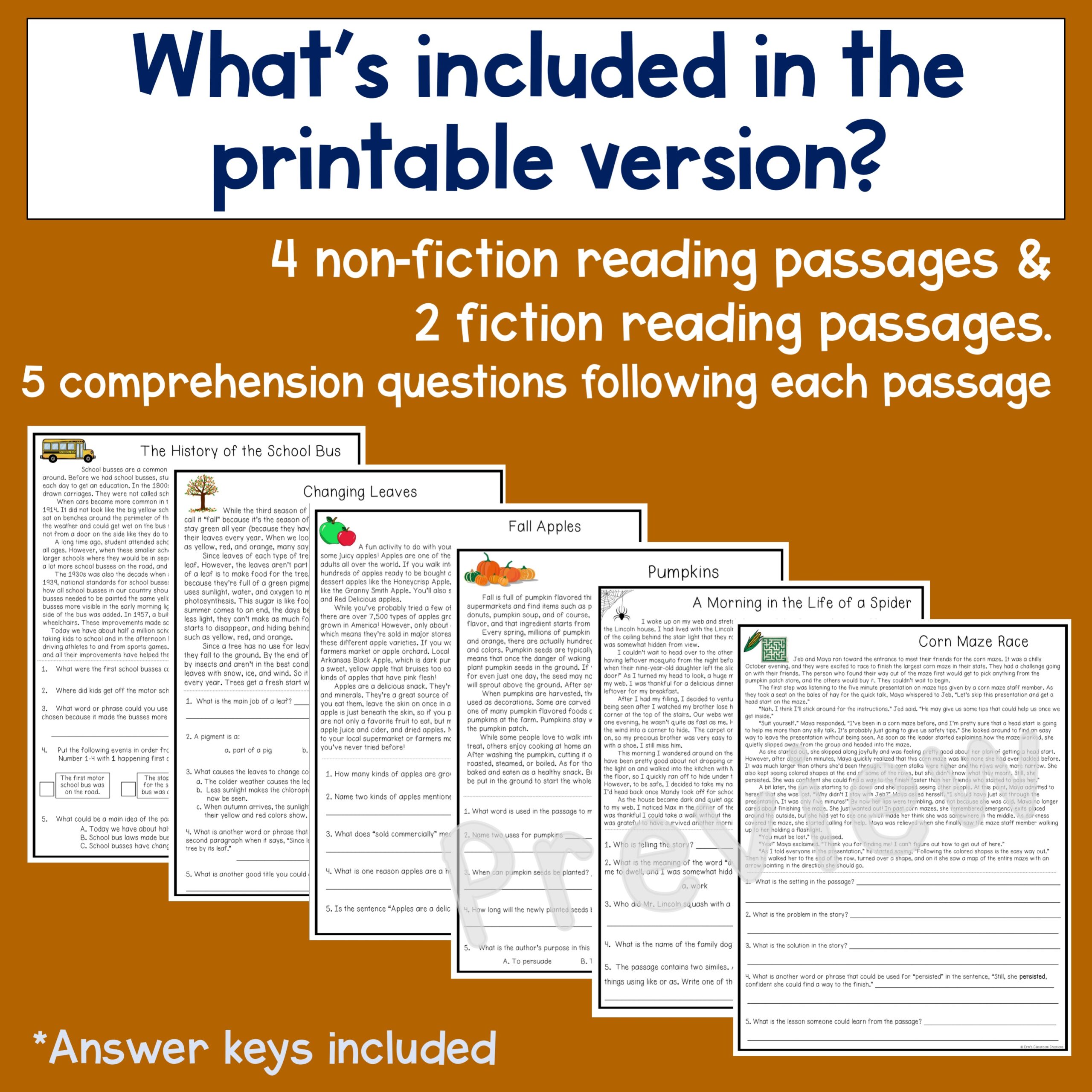 Fall Reading Comprehension Passages and Questions | Made By Teachers