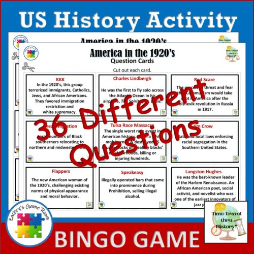 "Roaring Twenties" America in the 1920's BINGO Review Game Activity ...