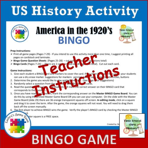 "Roaring Twenties" America in the 1920's BINGO Review Game Activity ...