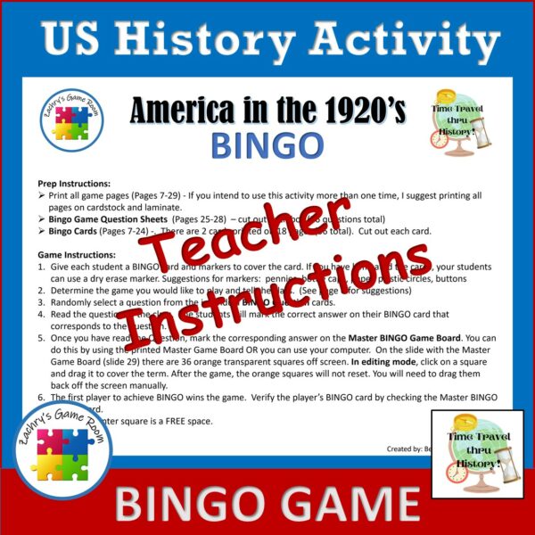 "Roaring Twenties" America in the 1920's BINGO Review Game Activity ...
