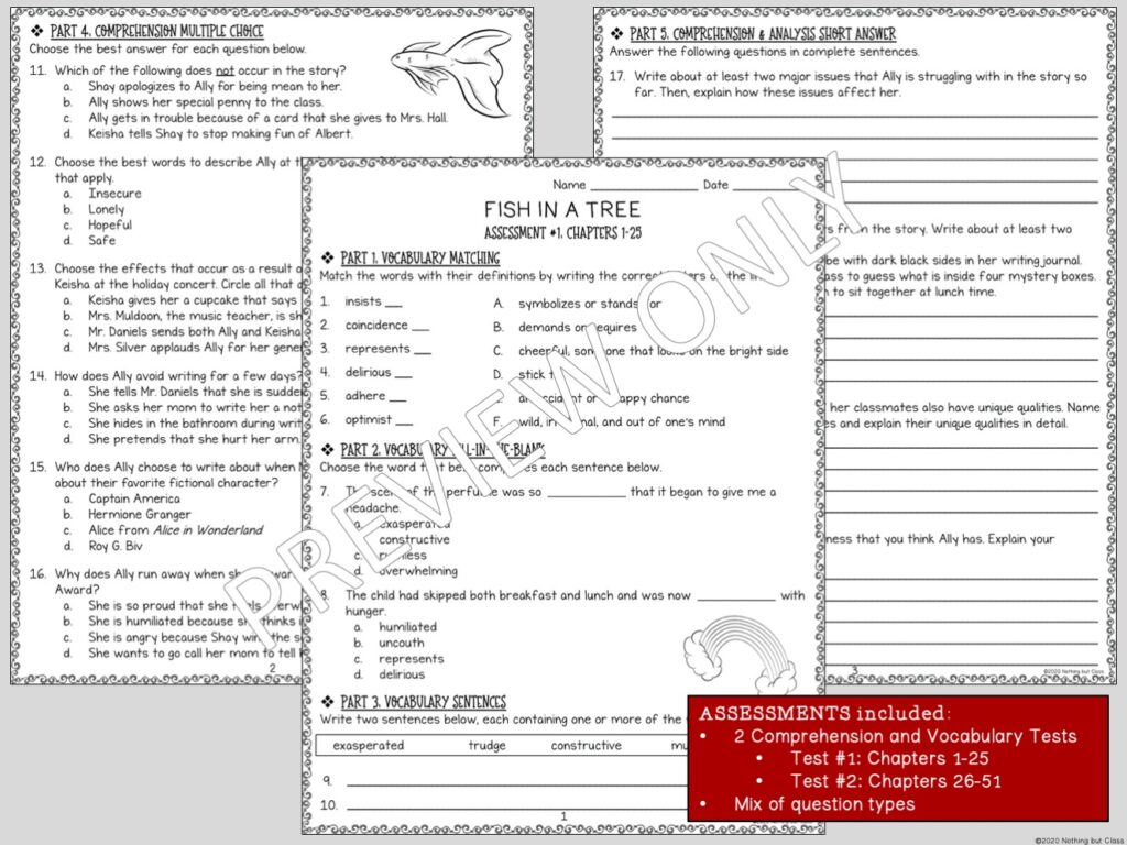 Fish in a Tree Novel Study Unit | Comprehension and Vocabulary with ...