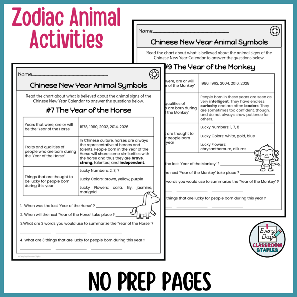 Chinese New Year Zodiac Animal Printable Activities Learn About Animal ...