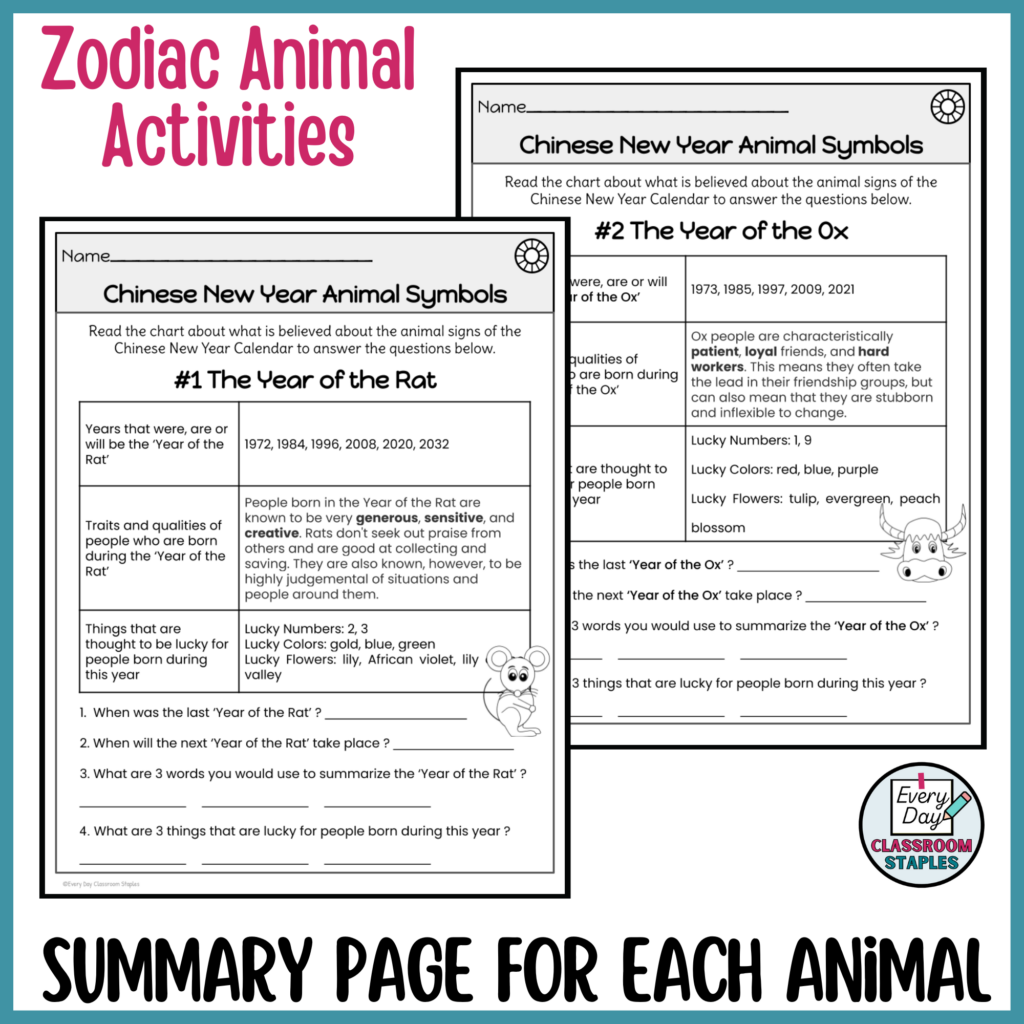Chinese New Year Zodiac Animal Printable Activities Learn About Animal ...