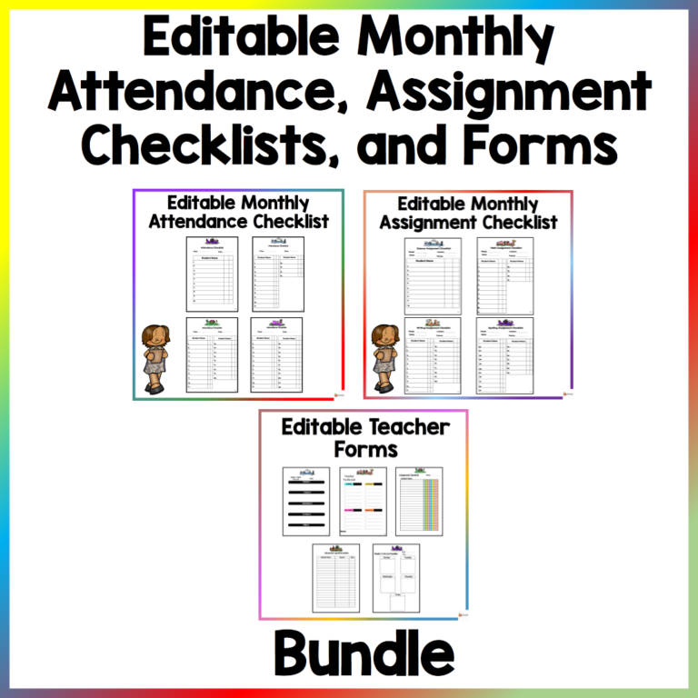 Editable Monthly Attendance, Assignment Checklists and Forms Bundle ...